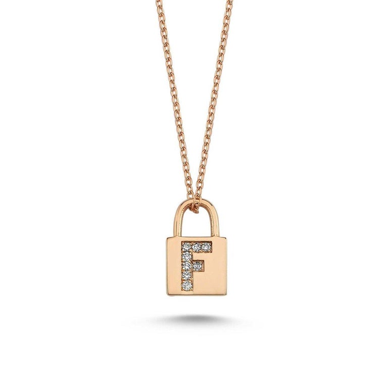 Initial F Diamond Lock Charm Necklace 14K Rose Gold For Sale at 1stDibs