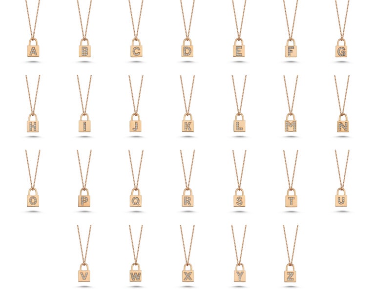 Initial F Diamond Lock Charm Necklace 14K Rose Gold For Sale at 1stDibs