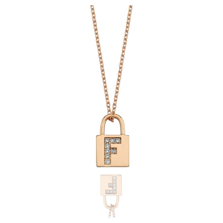 Initial F Diamond Lock Charm Necklace 14K Rose Gold For Sale at 1stDibs