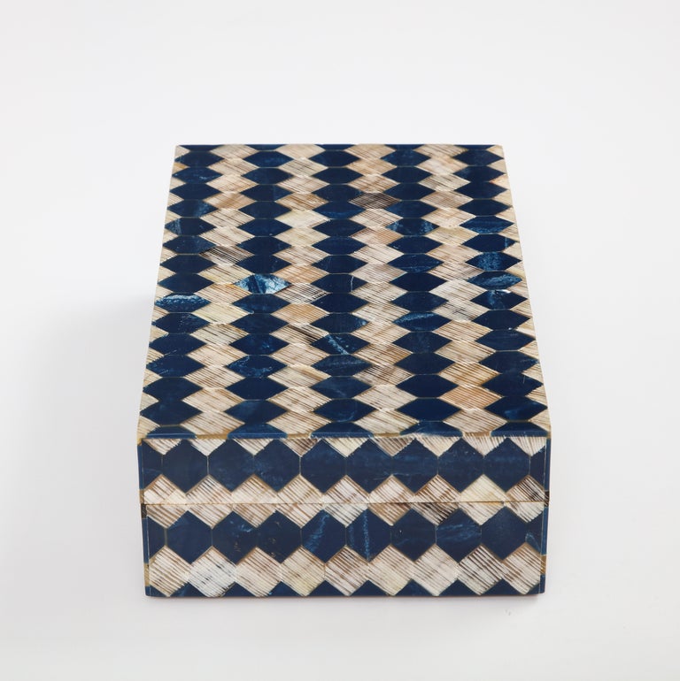 Ink Blue/Natural Horn Checkerboard Box For Sale at 1stDibs