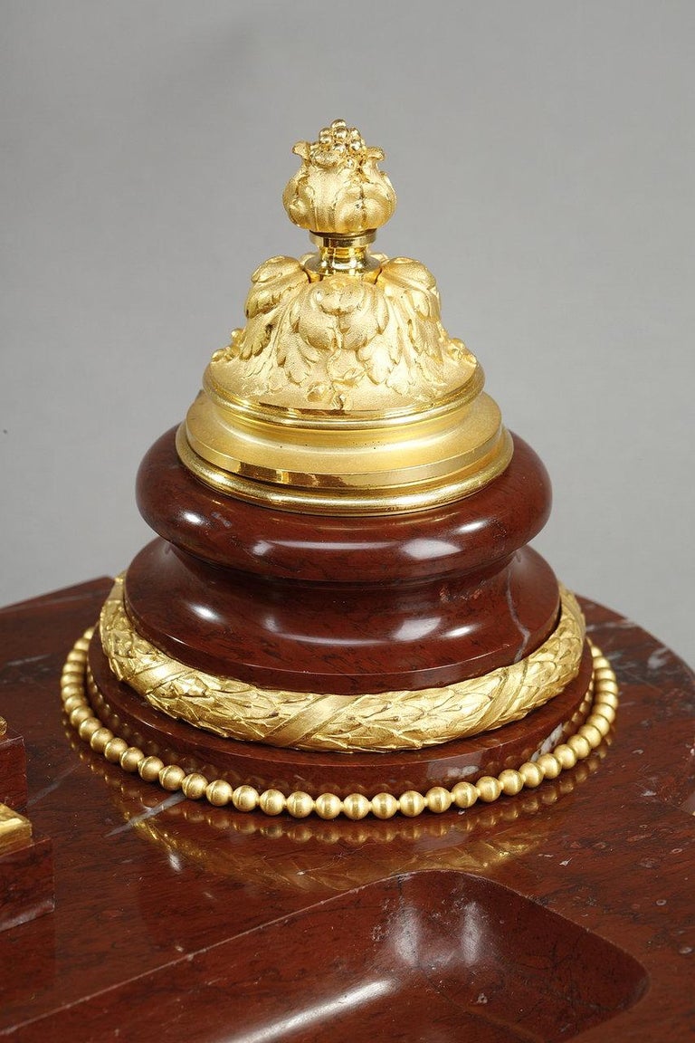 Inkwell in red marble with "Allegory of writing" in gilt bronze, signed ...