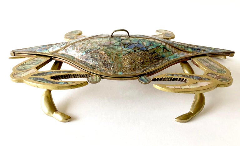 Mexican Modernist Inlaid Abalone Shell Brass Covered Crab Tray at 1stDibs