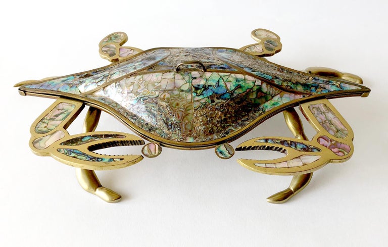 Mexican Modernist Inlaid Abalone Shell Brass Covered Crab Tray at 1stDibs