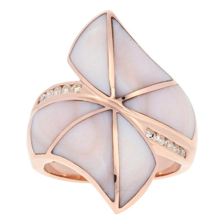 Inlaid Pink Mother of Pearl and Diamond Ring, 14k Rose Gold 9 3/4 ...