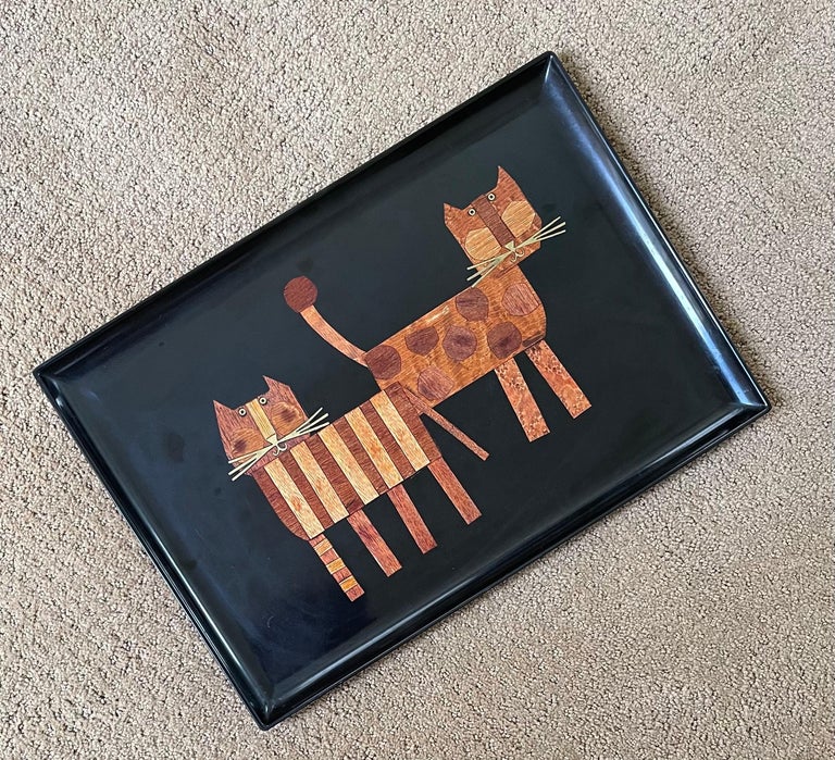 Inlaid Wood Cats Tray by Couroc California at 1stDibs