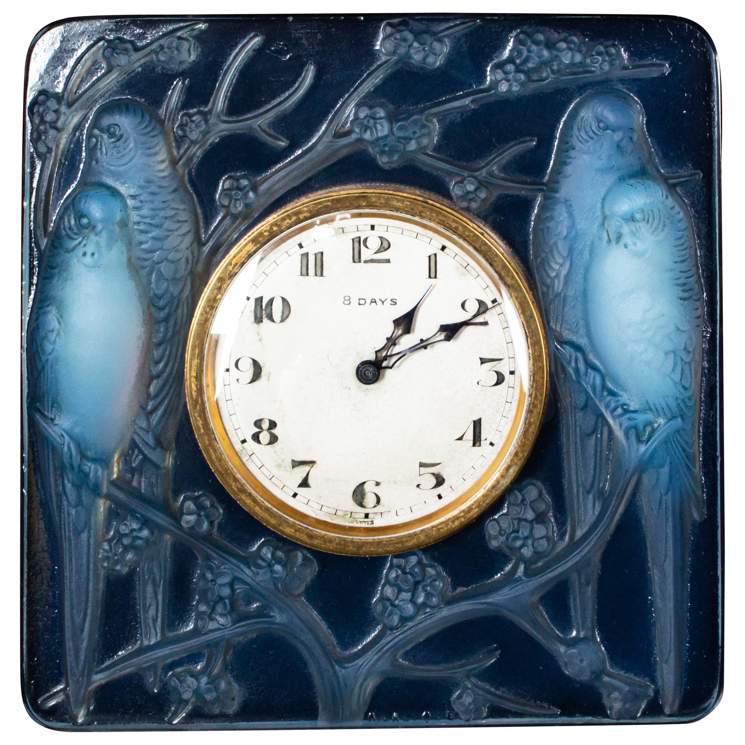 Inséparables, Blue Opalescent Glass, 8 Day Swiss Art Deco Clock by René ...