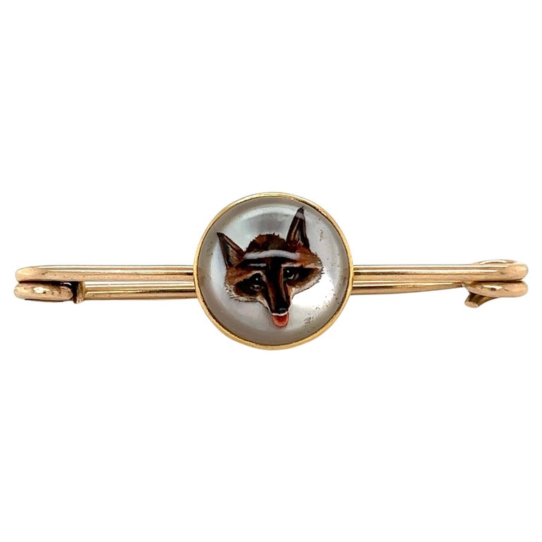 Intaglio Reverse Painted Crystal Fox Art Deco Brooch Pin For Sale at ...