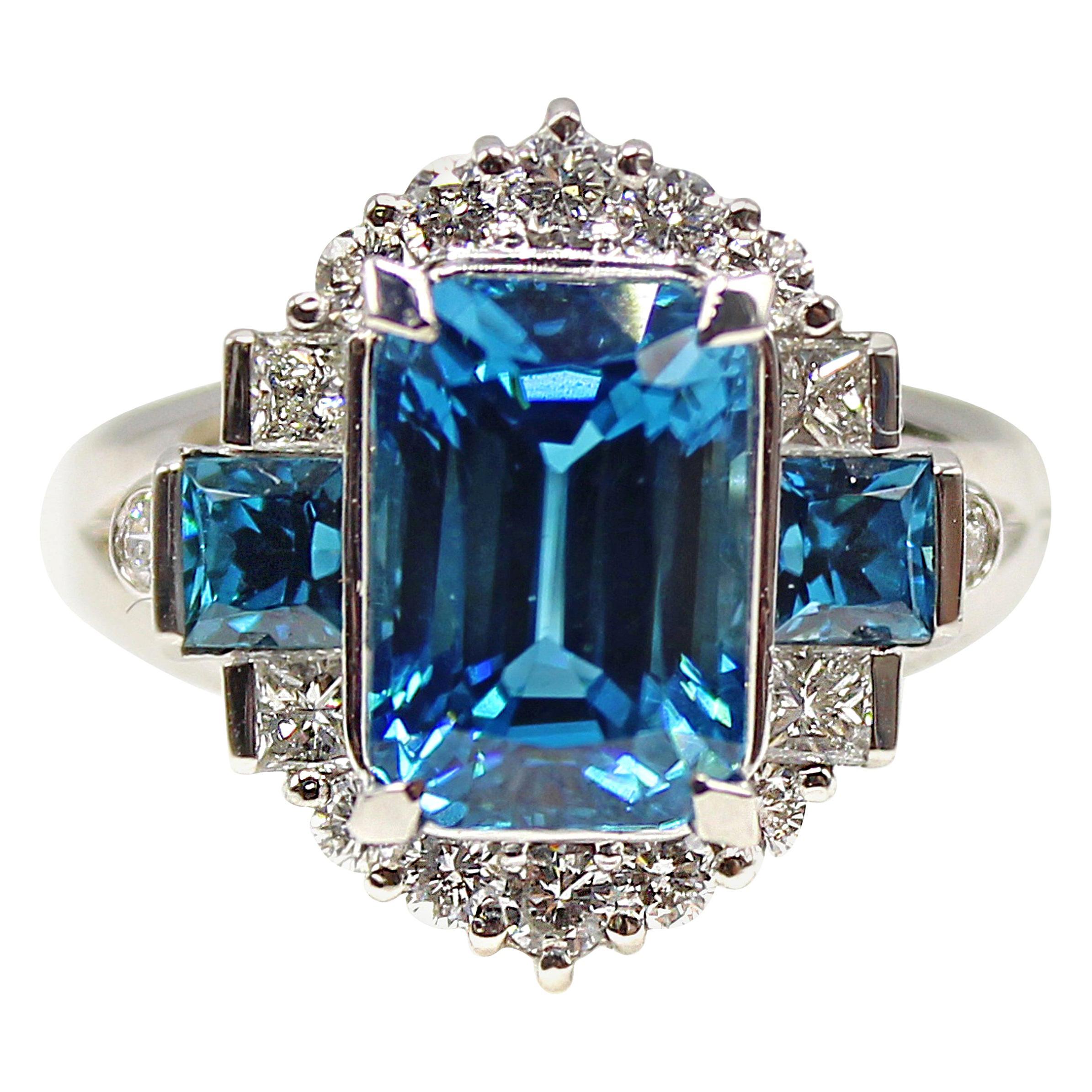 Intense Blue Zircon Diamond Platinum Ring For Sale at 1stDibs