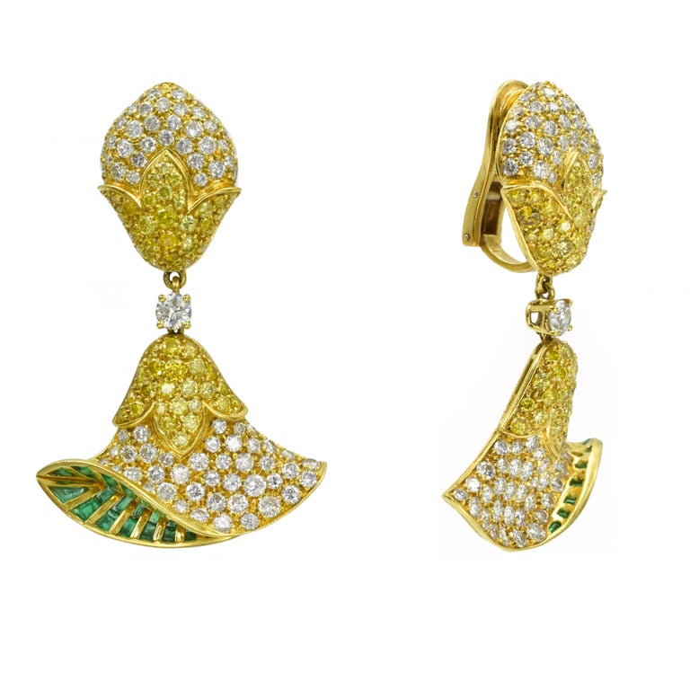 Intense Yellow and White Diamond Belle Flower Earrings For Sale at 1stDibs