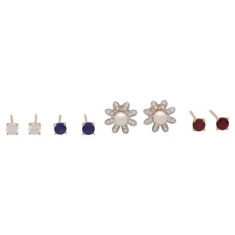 Interchangeable Ruby, Sapphire, Diamond and Pearl Stud Floral Earrings ...