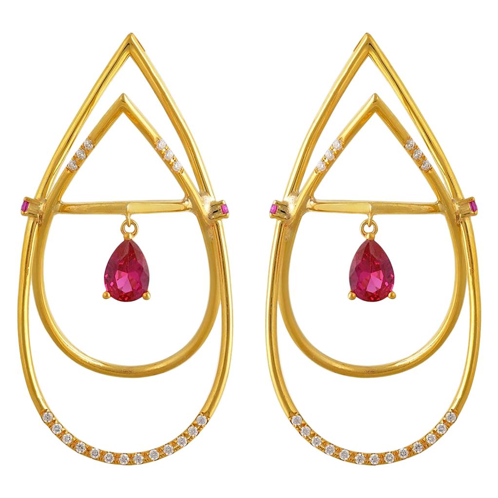 Pear Shape Ruby and Mixed Cut Diamond Dangle Earrings For Sale at ...