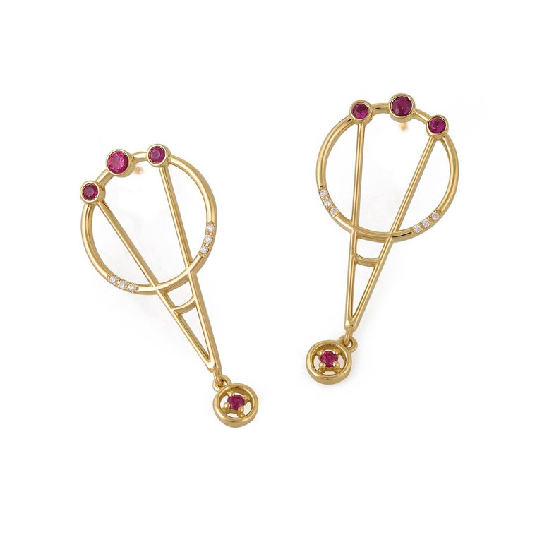 Interlocking Geometry Ruby and Diamond 18 Karat Gold Earrings For Sale ...