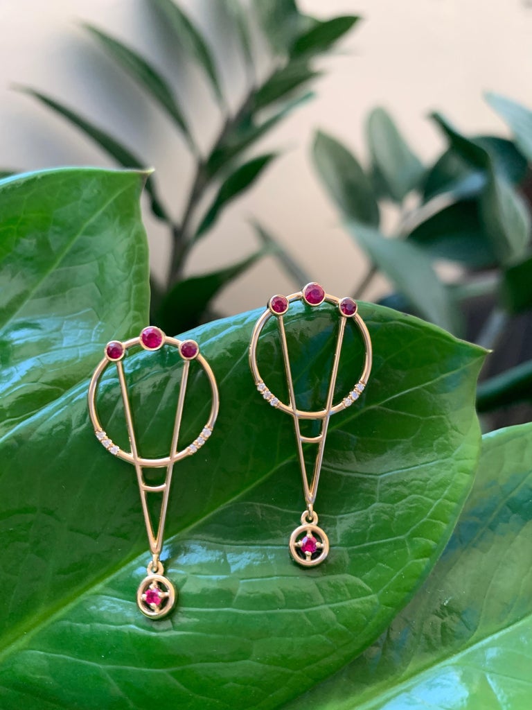 Interlocking Geometry Ruby and Diamond 18 Karat Gold Earrings For Sale ...