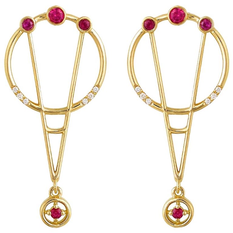 Interlocking Geometry Ruby and Diamond 18 Karat Gold Earrings For Sale ...