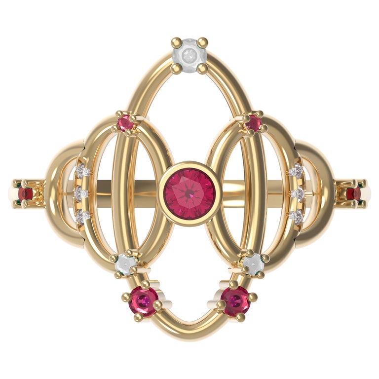 Customizable Interlocking Geometry Ruby and Diamond 18 Karat Gold Ring ...