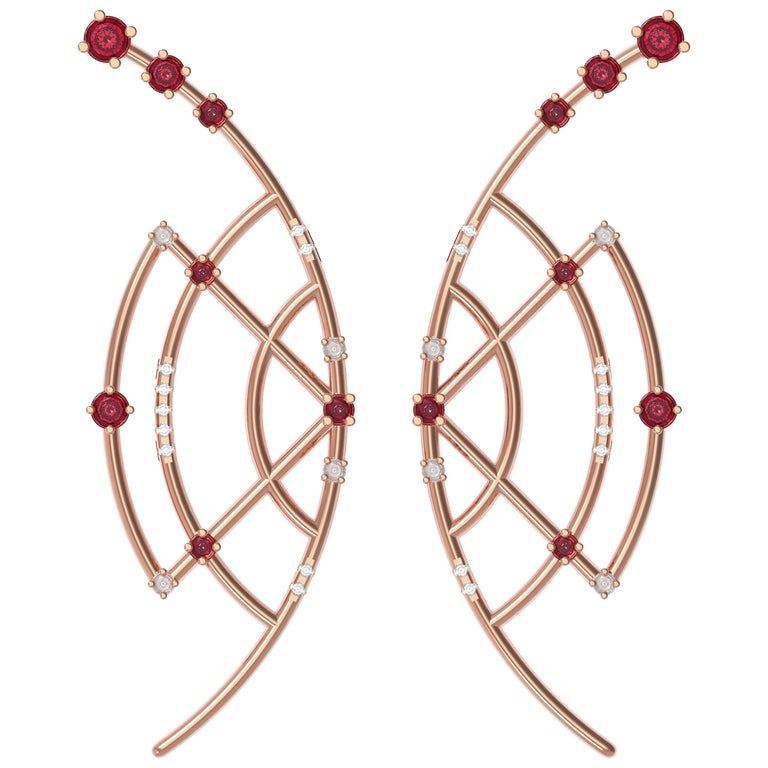 Interlocking Geometry Ruby and Diamond Rose Gold Earrings For Sale at ...
