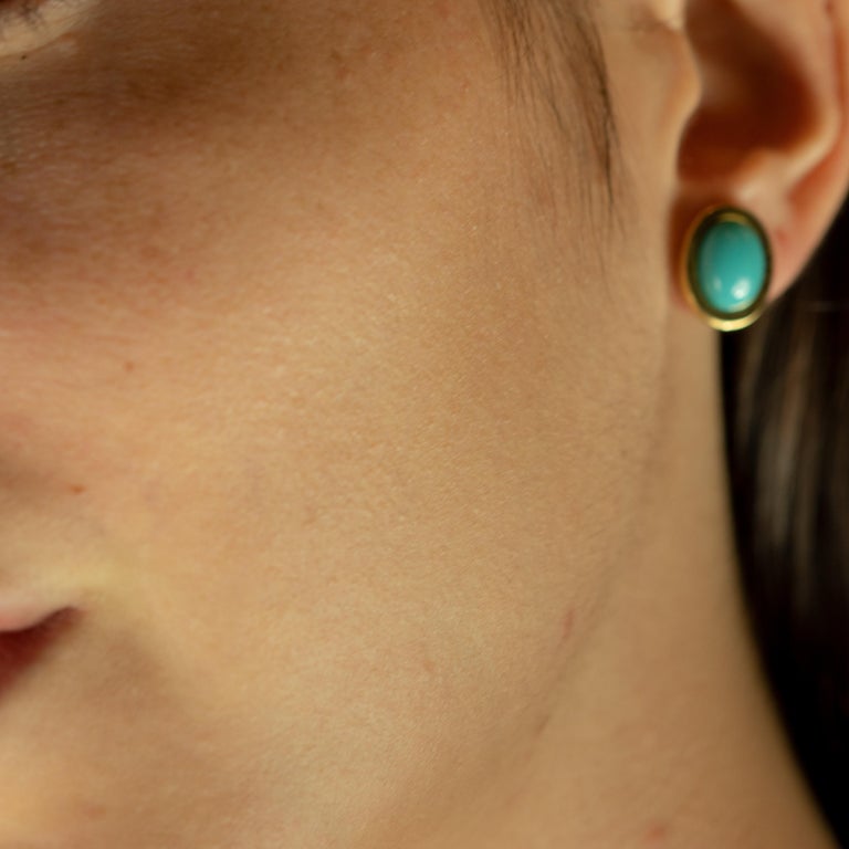 18 Karat Gold Natural Turquoise Oval Stud Deco Cocktail Earrings at 1stDibs