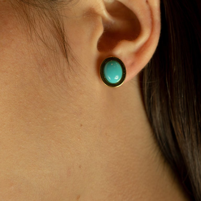 18 Karat Gold Natural Turquoise Oval Stud Deco Cocktail Earrings at 1stDibs