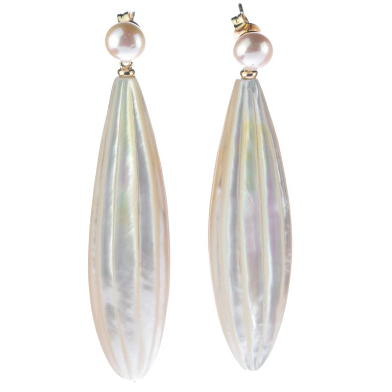 Intini Jewels Gold Carved Mother Pearl Freshwater Pearl Drops Dangle ...