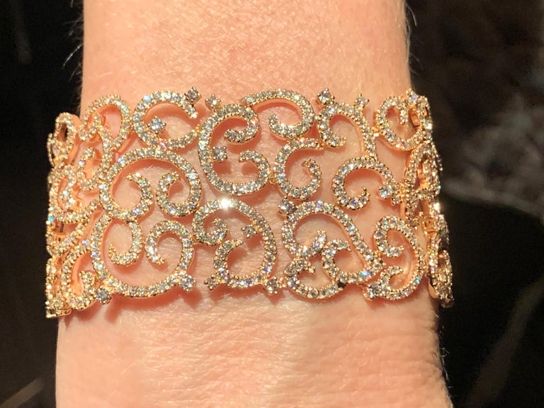 Intricate and Wide 18 Karat Pink Gold Bracelet with Diamonds For Sale ...