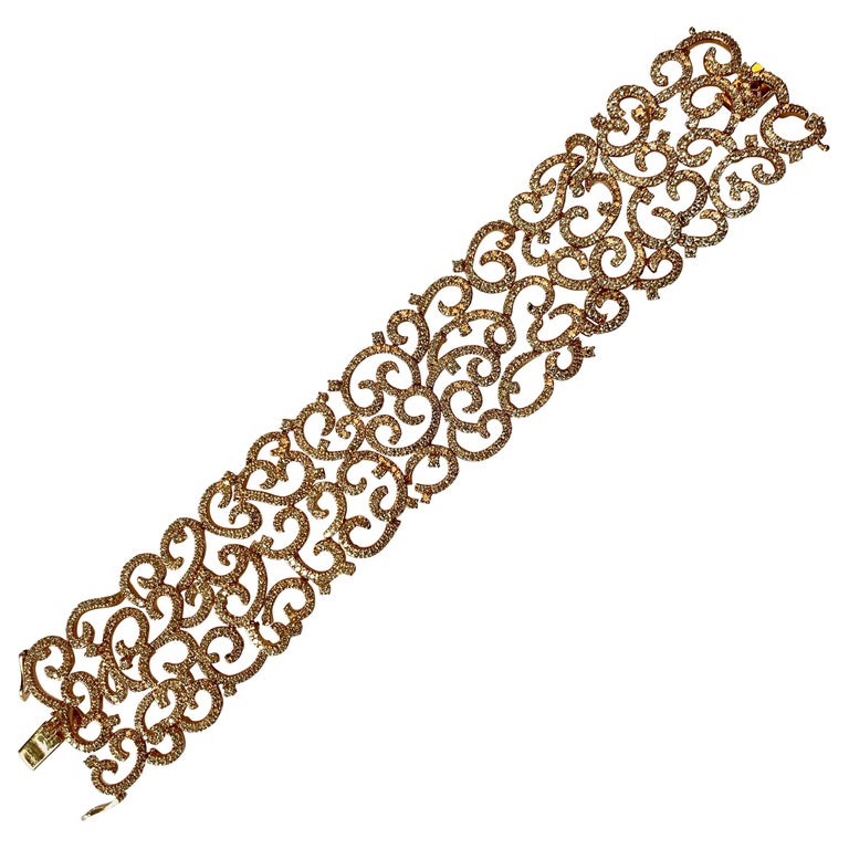 Intricate and Wide 18 Karat Pink Gold Bracelet with Diamonds For Sale ...