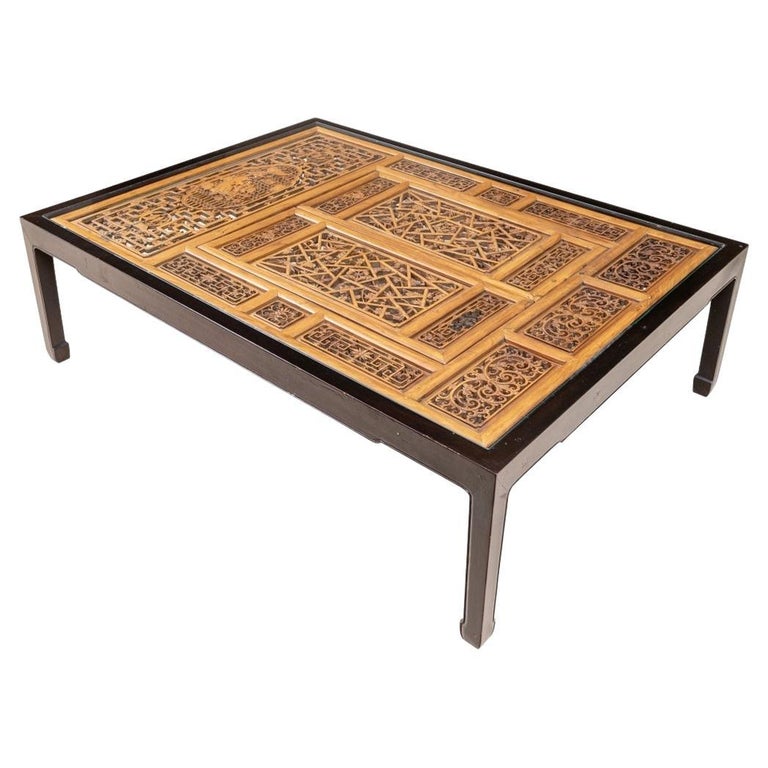 Intricate Carved Asian Wood Panel Mounted as a Cocktail Table at 1stDibs