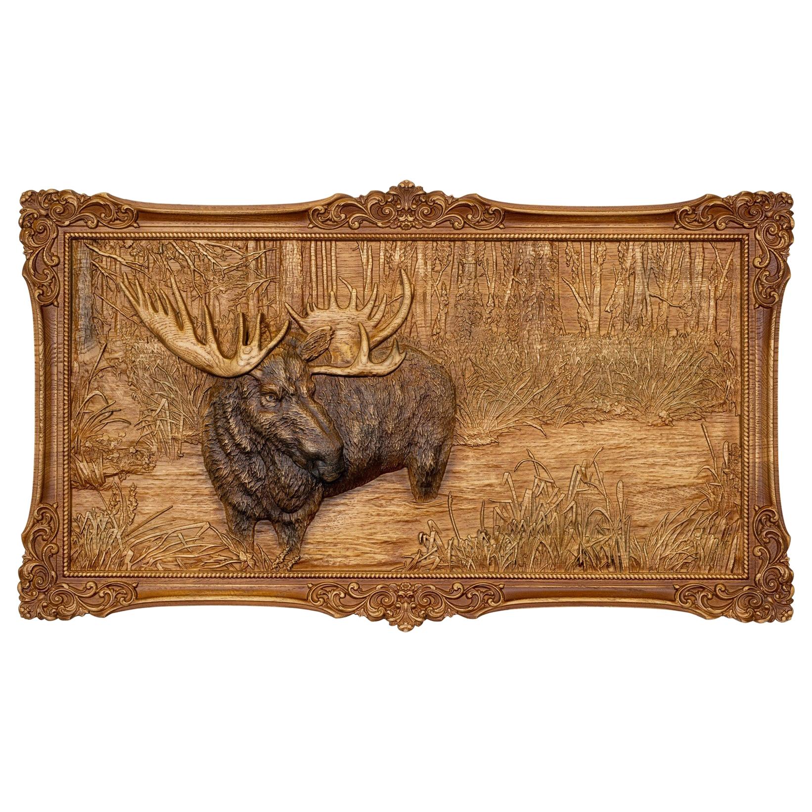 Intricate Carved Wood Moose Plaque For Sale at 1stDibs | wood carved moose