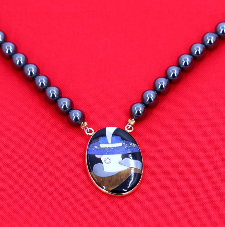 Intricate Stone Inlay Portrait Pendant with Hematite Bead Necklace For ...
