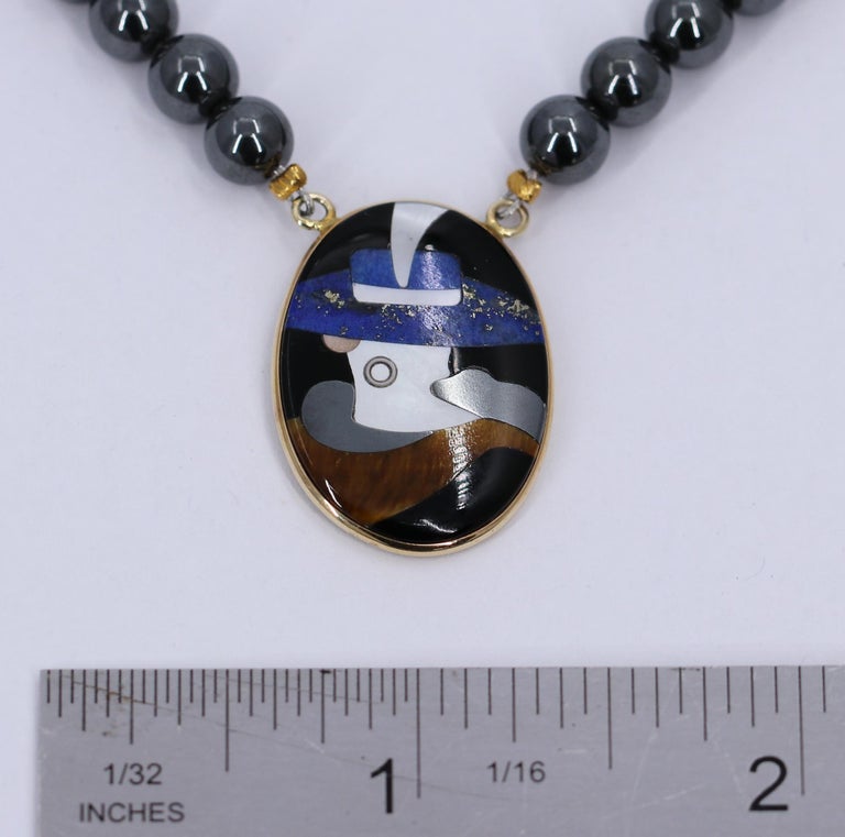 Intricate Stone Inlay Portrait Pendant with Hematite Bead Necklace For ...