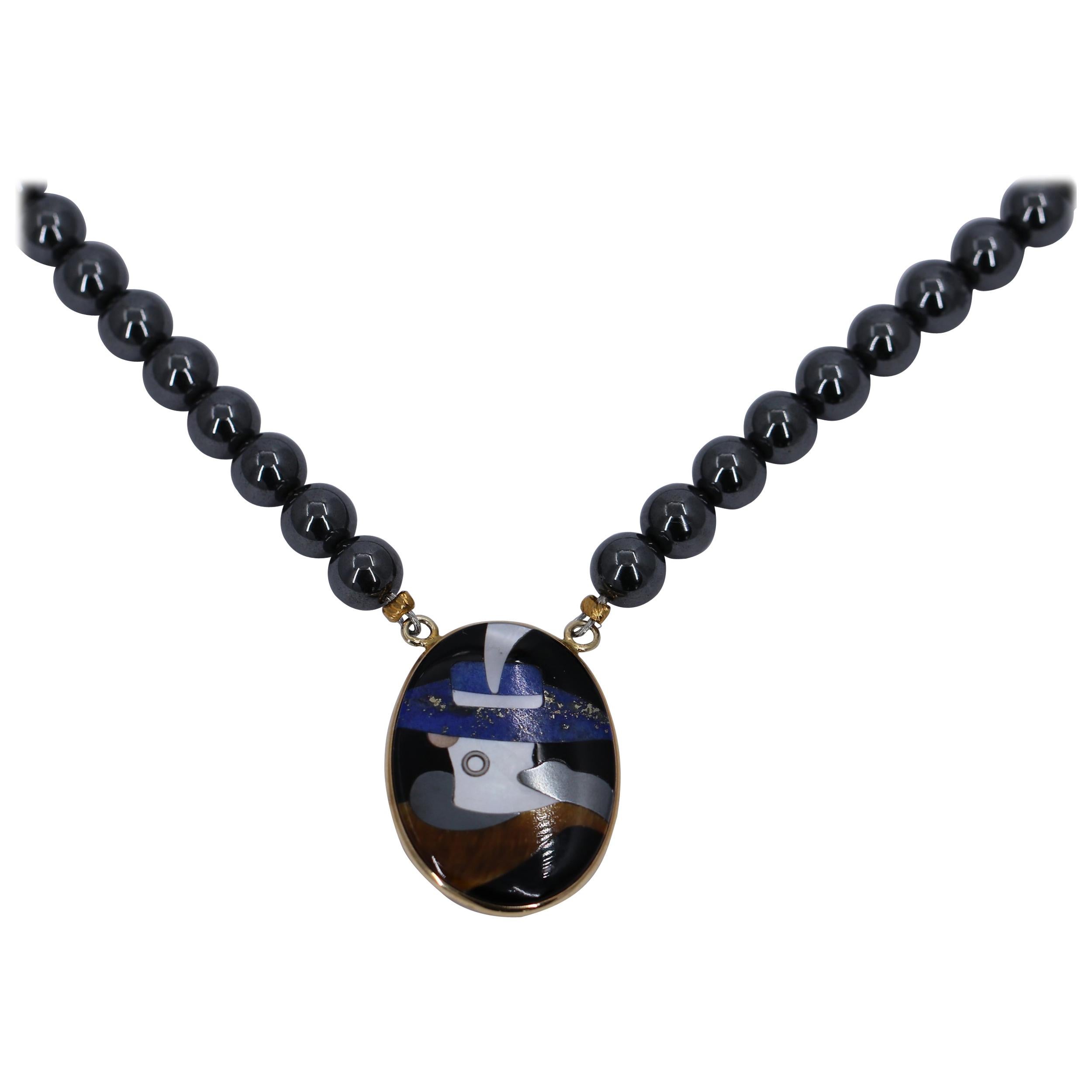 Intricate Stone Inlay Portrait Pendant with Hematite Bead Necklace For ...