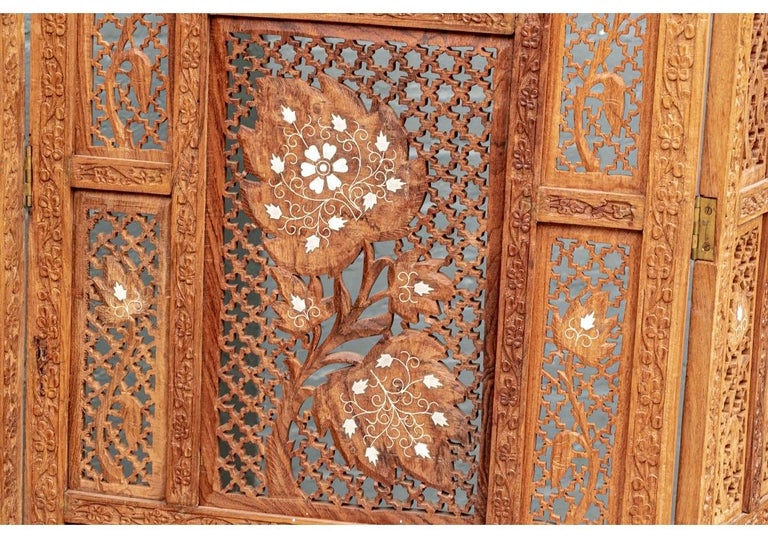 Intricately Carved and Inlaid Moroccan Teak 4 Panel Dual Sided Screen ...