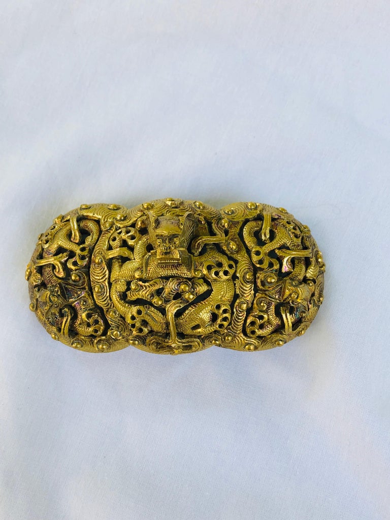 Intricately Carved Vintage Chinese Brass Belt Buckle For Sale at 1stDibs