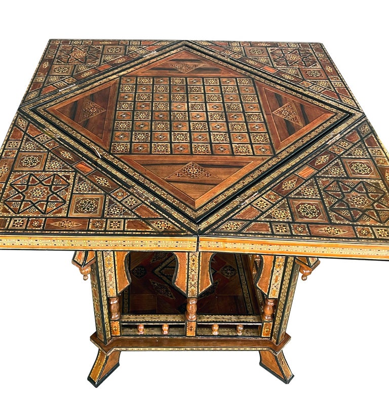 Intricately Inlaid Moorish Square Game Table with Pivoting Handkerchief ...
