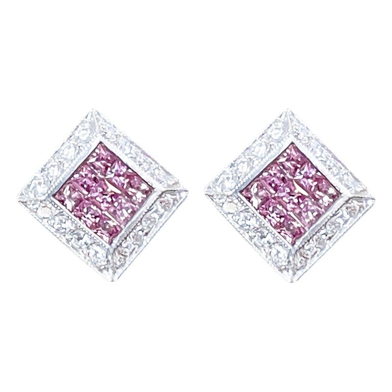 Invisible Mystery Set Pink Sapphire and Diamond Stud Earring 14 Karat ...