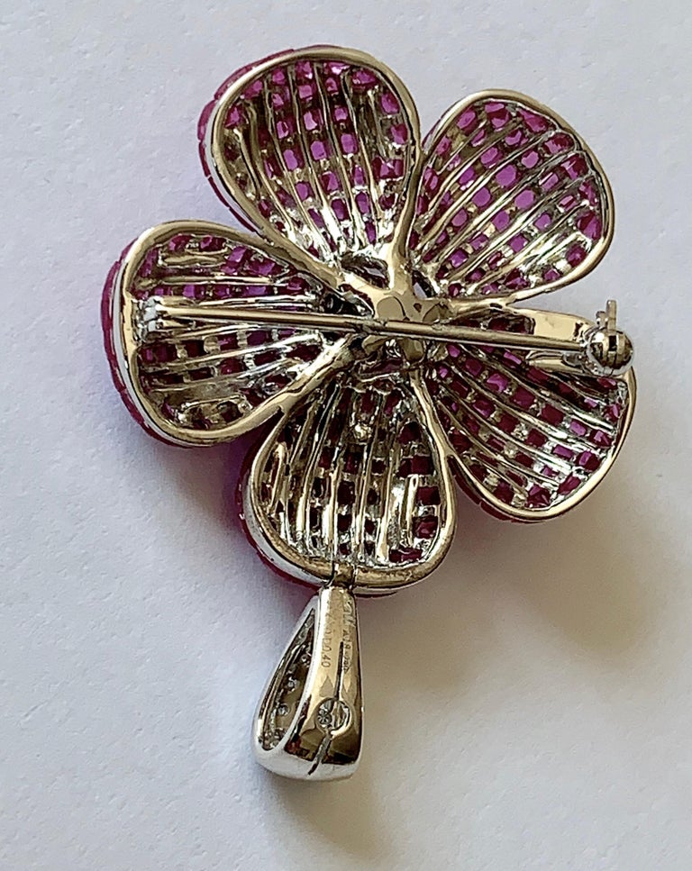 Invisible Mystery Set Ruby and Diamond Flower Brooch and Pendant For ...