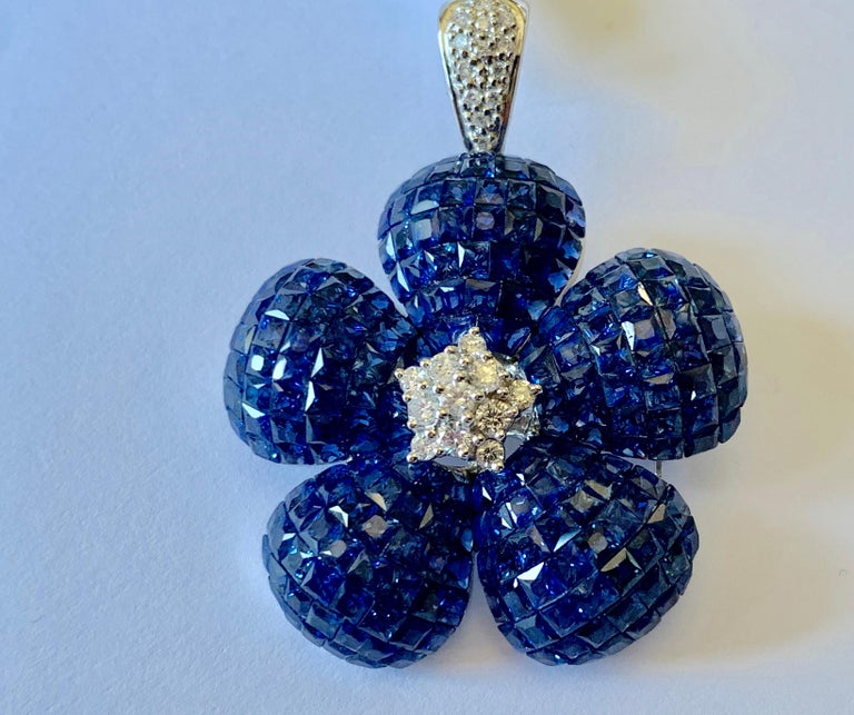 Invisible Mystery Set Sapphire Diamond Flower Brooch and Pendant For ...
