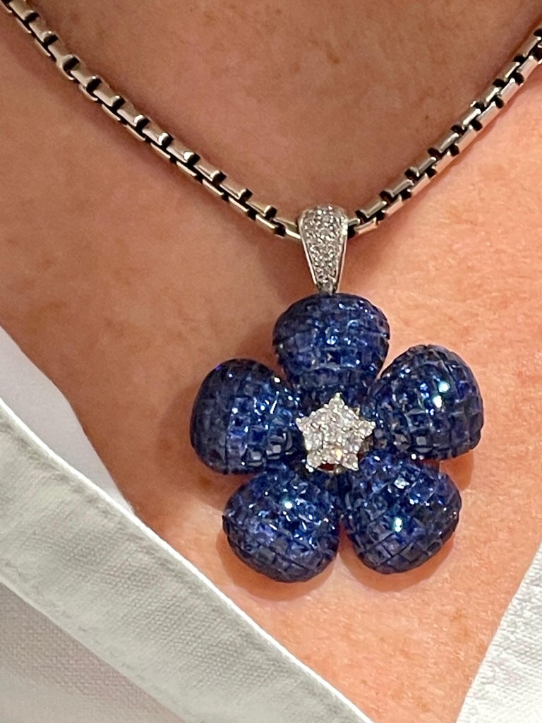 Invisible Mystery Set Sapphire Diamond Flower Brooch and Pendant For ...