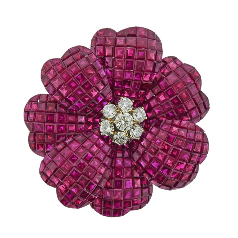 Invisible Ruby and Diamond Flower Brooch at 1stDibs