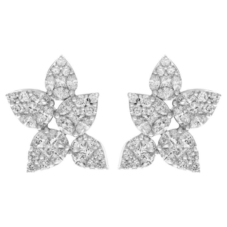 Invisible Set Princess and Round Cut Diamonds Flower Earrings in 18k ...