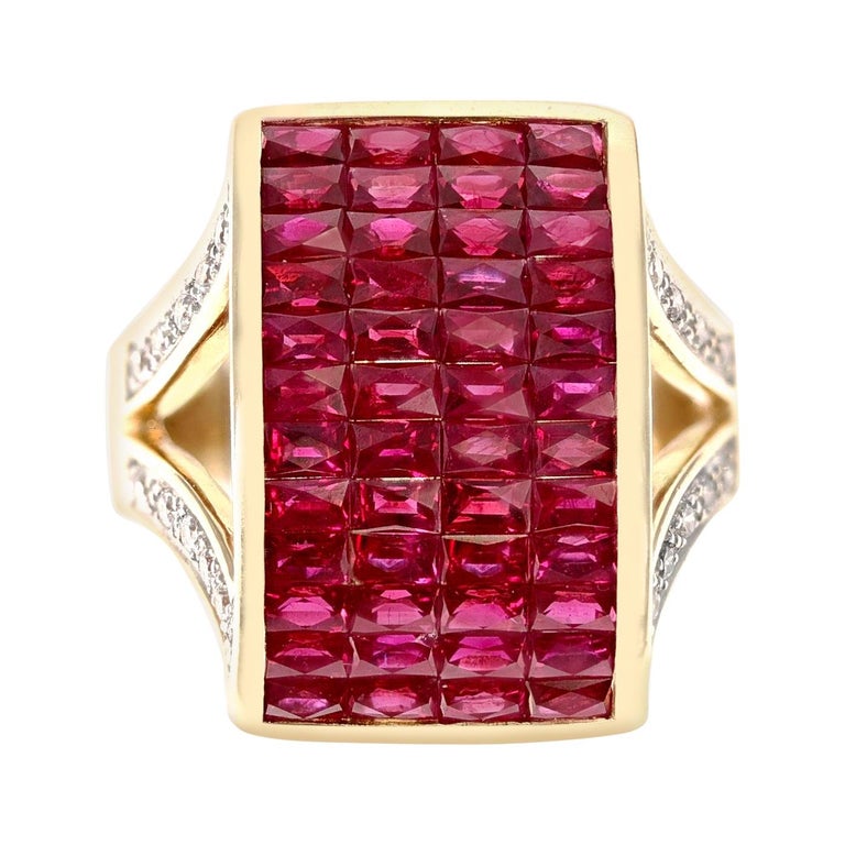 Invisible-Set Ruby and Diamond Cocktail Ring, 18k Yellow Gold For Sale ...