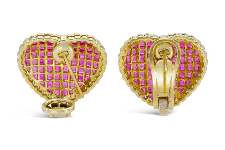 Invisible Set Ruby and Diamond Heart Earrings For Sale at 1stDibs