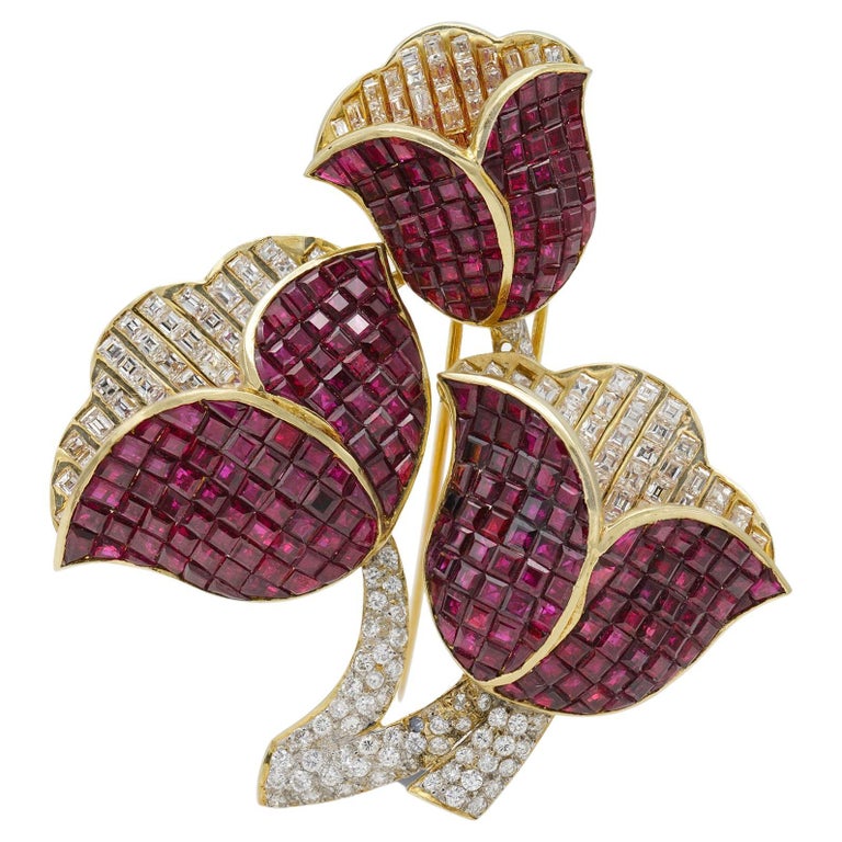 Invisible Set Ruby and Diamond Tulip Brooch For Sale at 1stDibs