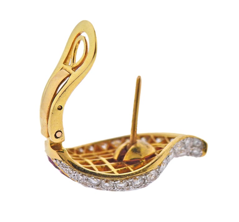 Invisible Set Ruby Diamond Gold Earrings For Sale at 1stDibs