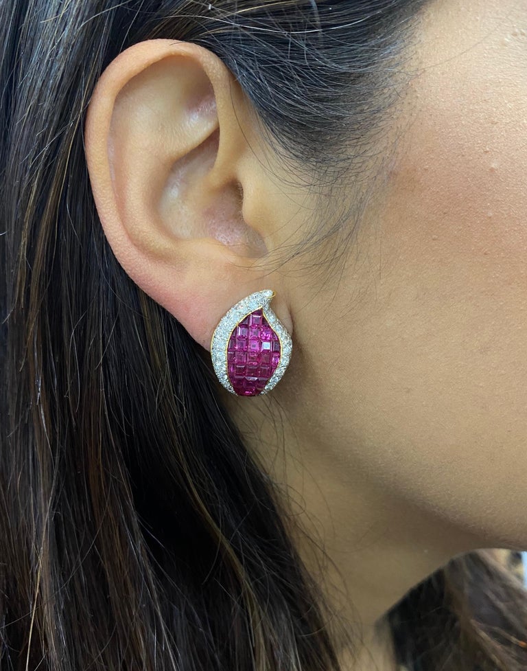 Invisible Set Ruby Diamond Gold Earrings For Sale at 1stDibs