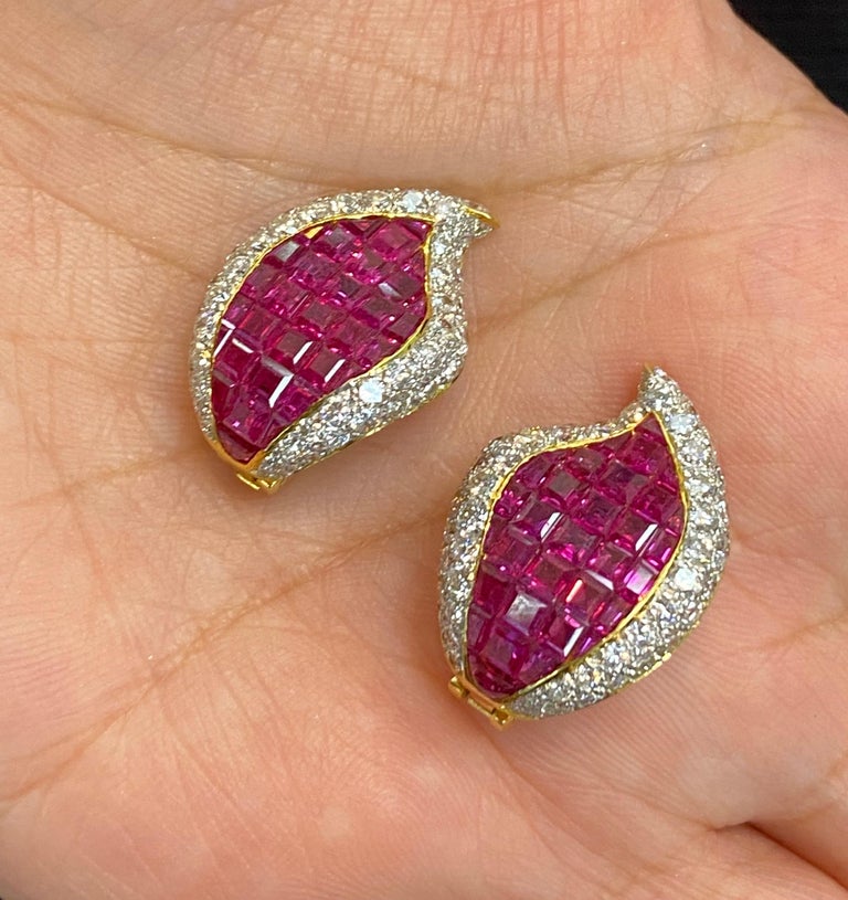 Invisible Set Ruby Diamond Gold Earrings For Sale at 1stDibs