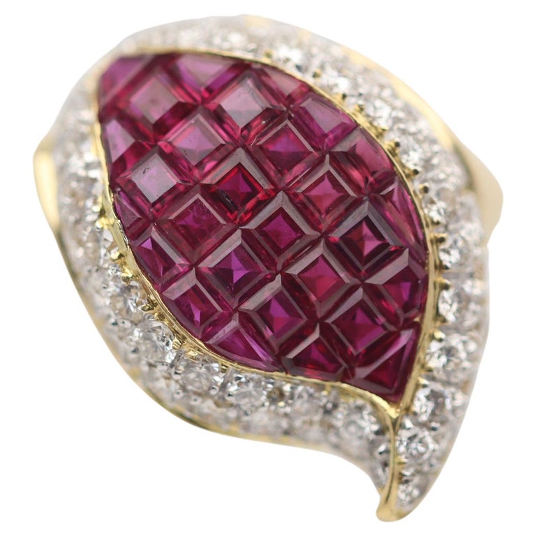 Invisible-Set Ruby Diamond Gold Flame Ring For Sale at 1stDibs
