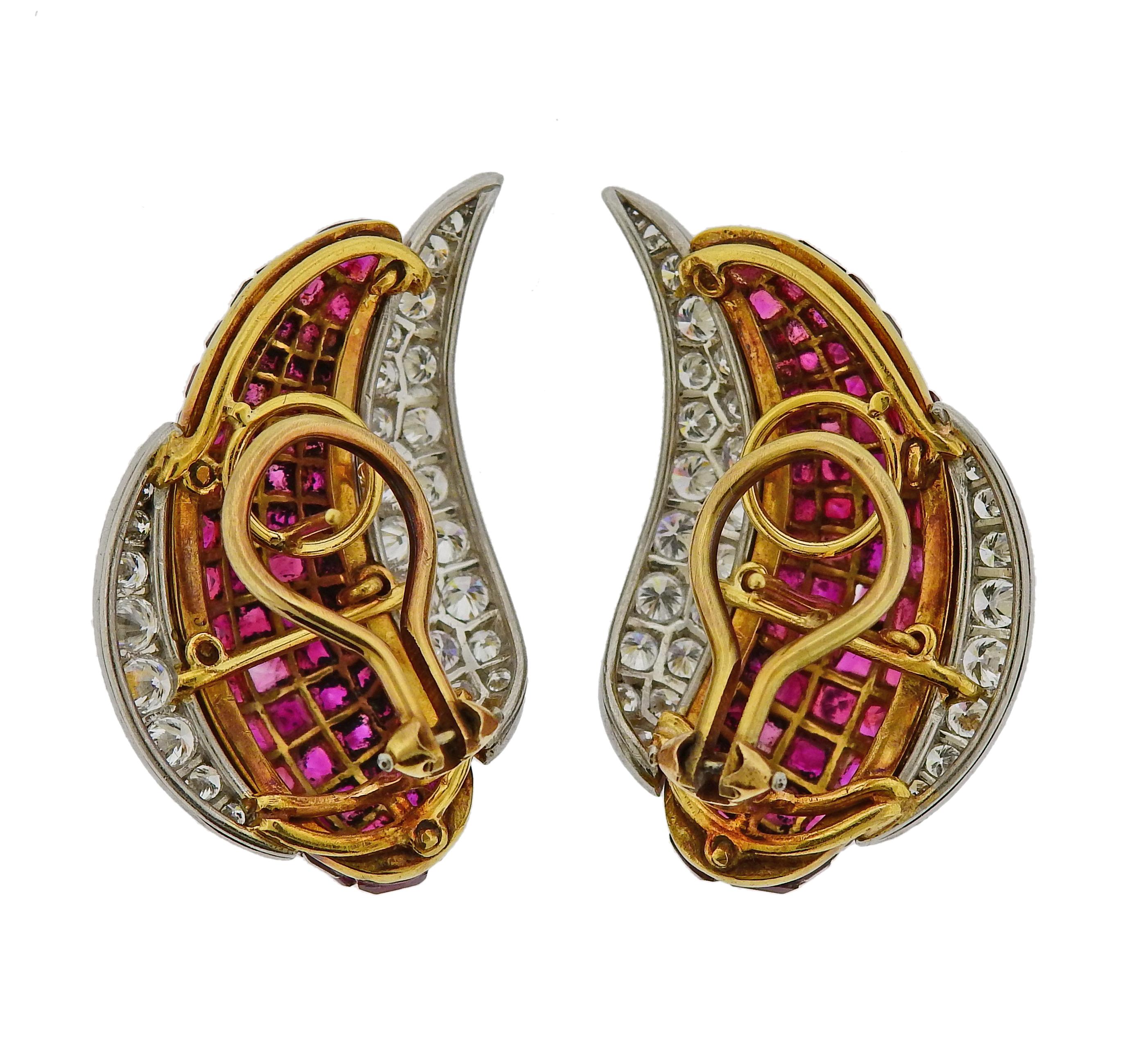 Invisible Set Ruby Diamond Gold Platinum Earrings For Sale at 1stDibs ...