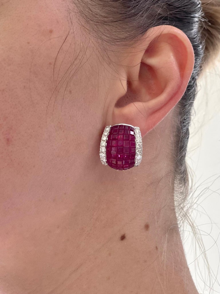 Invisible Set Ruby Diamond Platinum Cocktail Earrings For Sale at 1stDibs