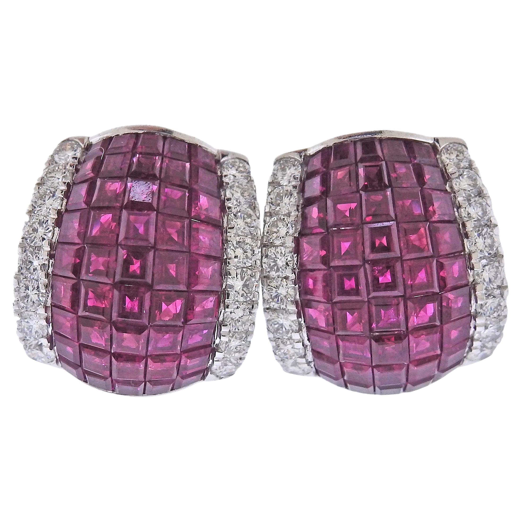 Invisible Set Ruby Diamond Gold Platinum Earrings For Sale at 1stDibs ...