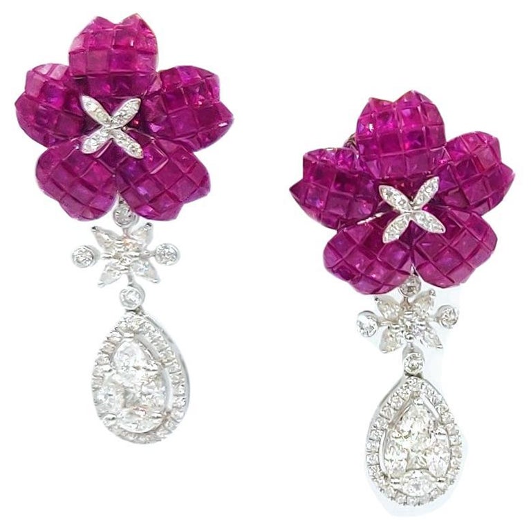 Invisible Set Ruby Pear-Shaped Diamond Floral Drop Earrings in 18K ...